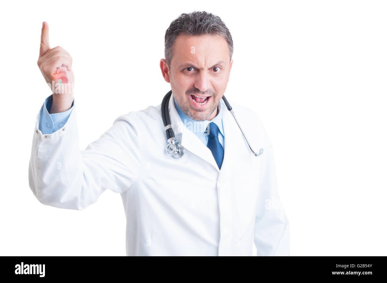 Angry aggressive doctor or medic threatening with syringe isolated on ...
