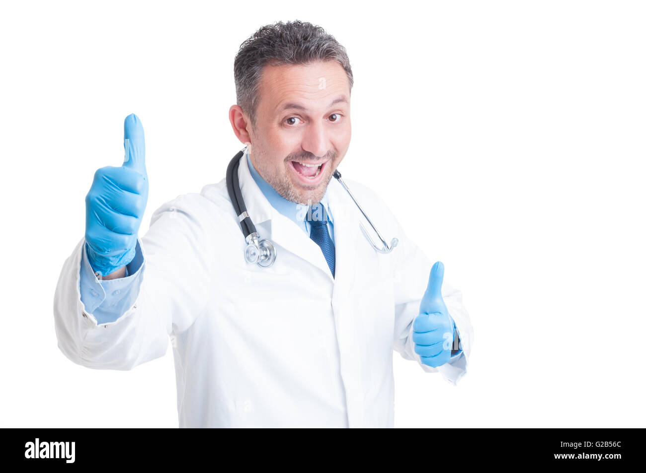 Excited doctor or medic showing double like gesture happy isolated on ...