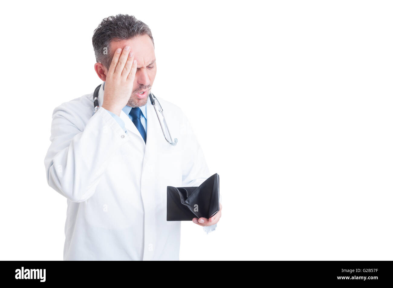 Upset medic or doctor checking empty wallet isolated on white ...