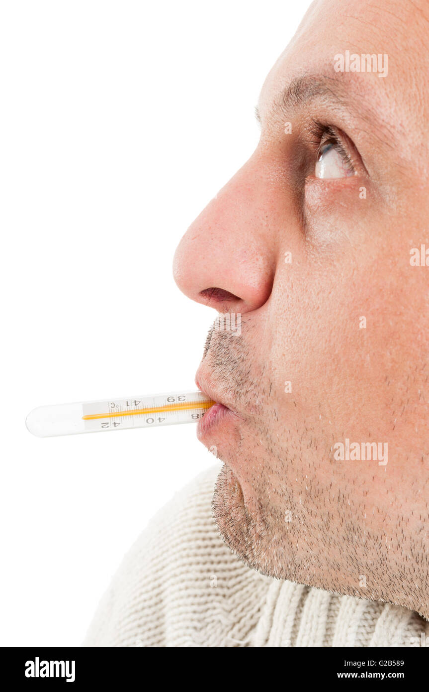 Side view of half face with thermometer in mouth isolated on white ...