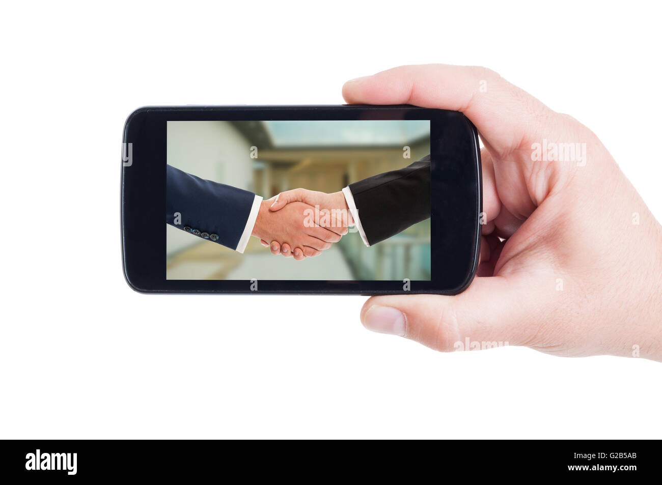 Business people handshake concept picture on smartphone display or ...