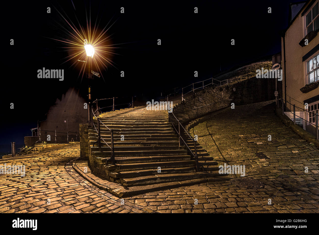 Nightime at the historic fishing village of Whitby , famous for its ...