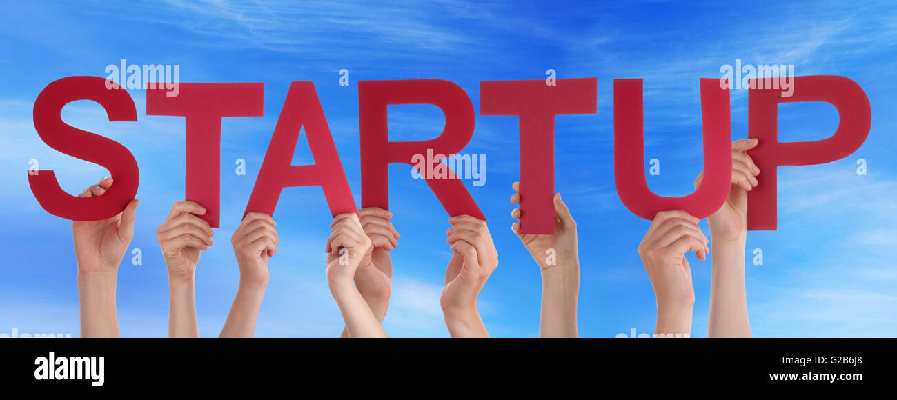 Many People Hands Holding Red Straight Word Startup Blue Sky Stock Photo - Alamy