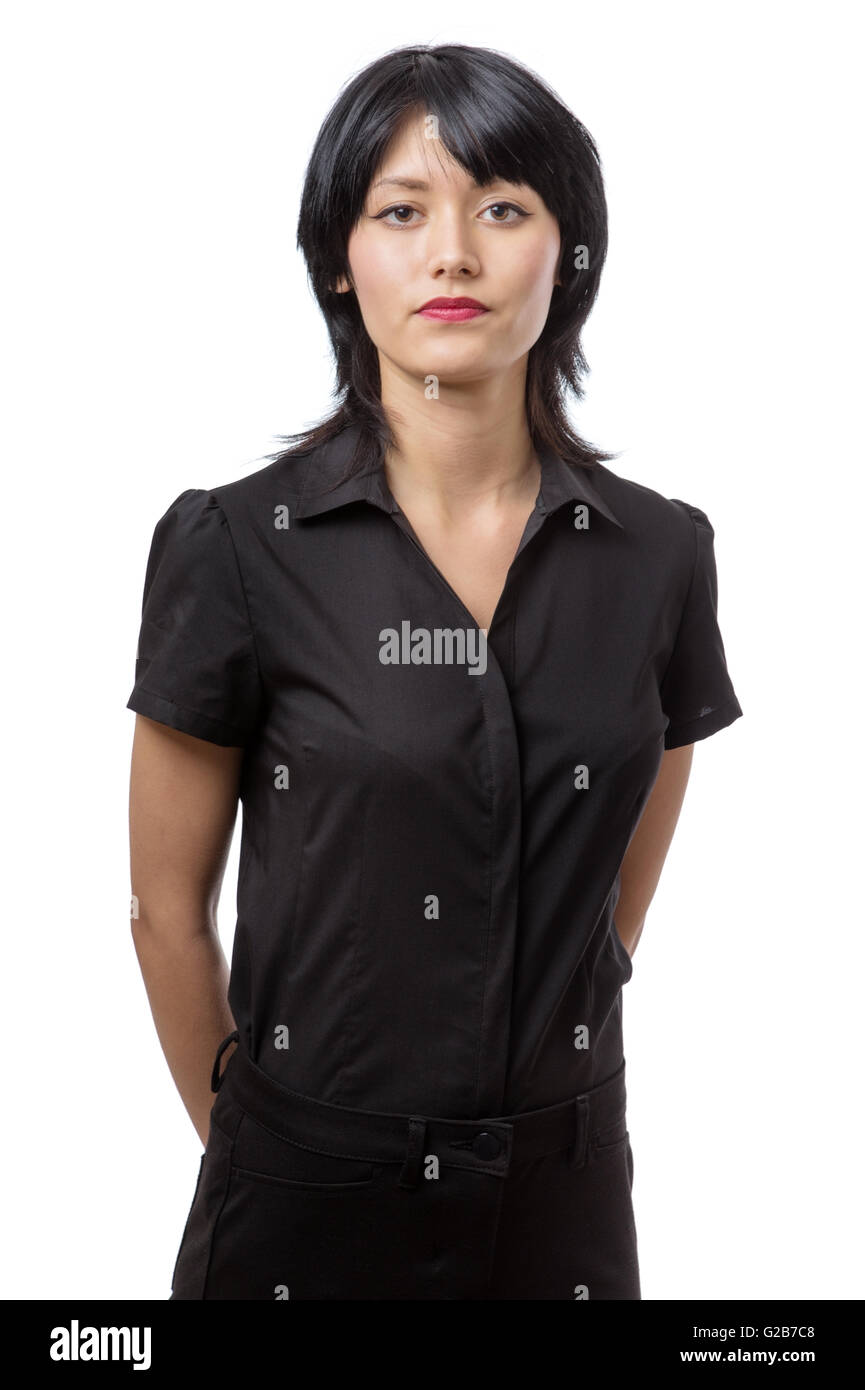 Upper body shot of a smart, slim office worker, wearing a black blouse ...