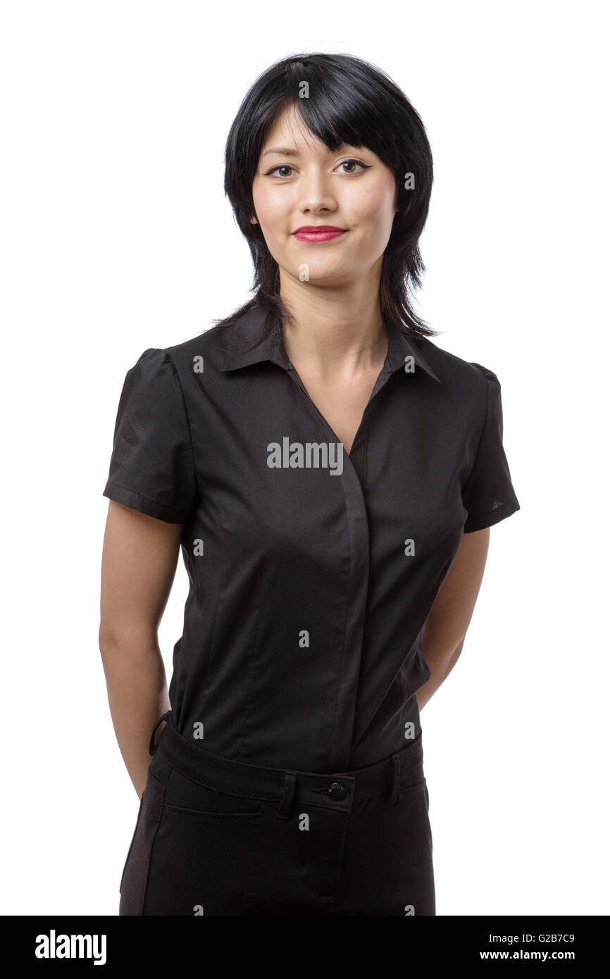 Upper body shot of a smart, slim office worker, wearing a black blouse ...