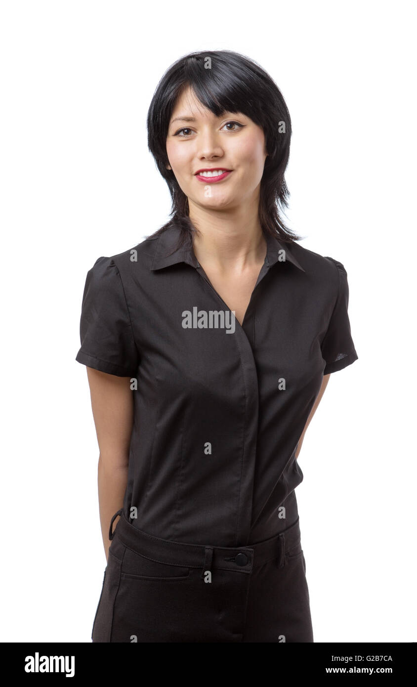Upper body shot of a smart, slim office worker, wearing a black blouse ...