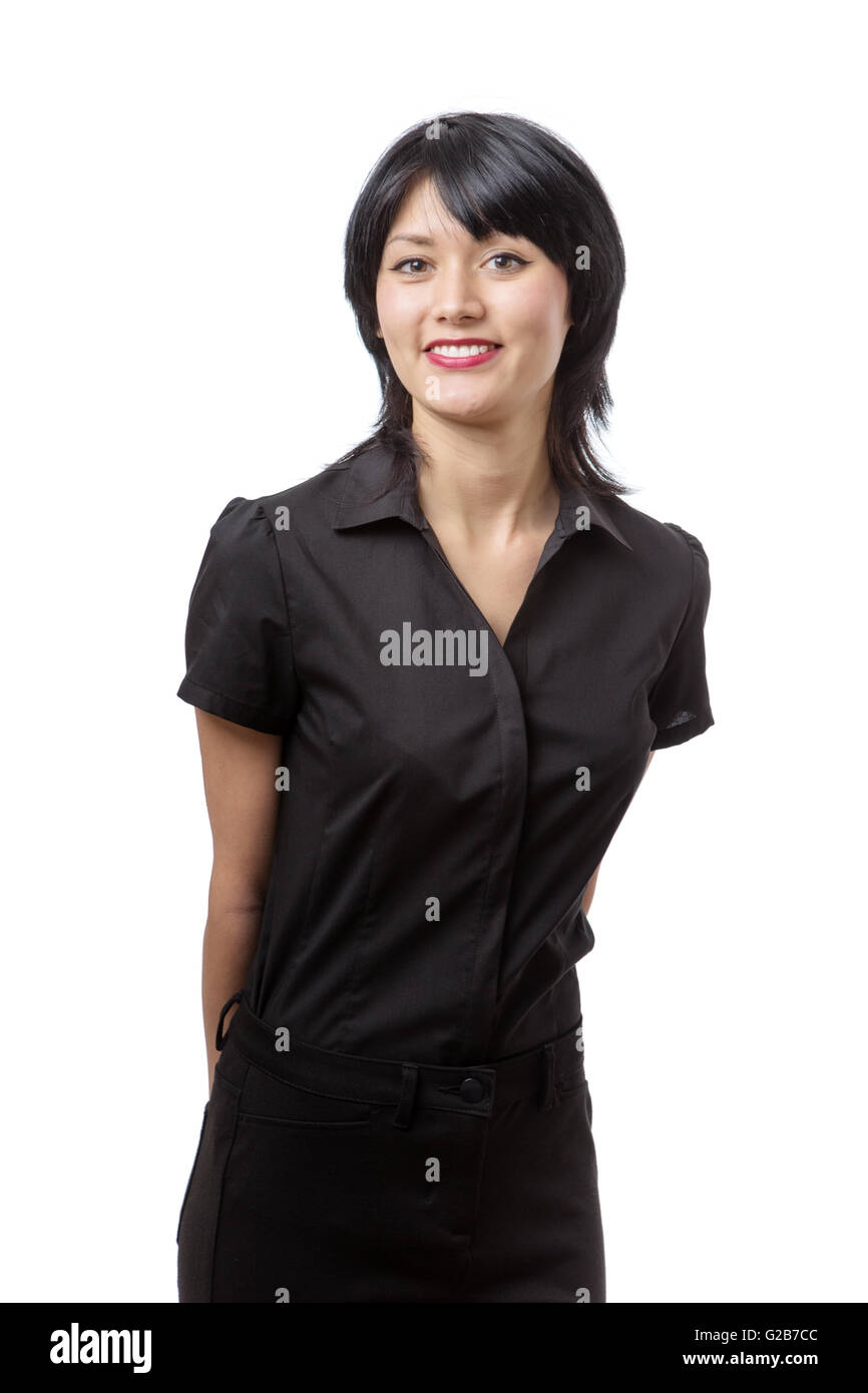 Upper body shot of a smart, slim office worker, wearing a black blouse ...