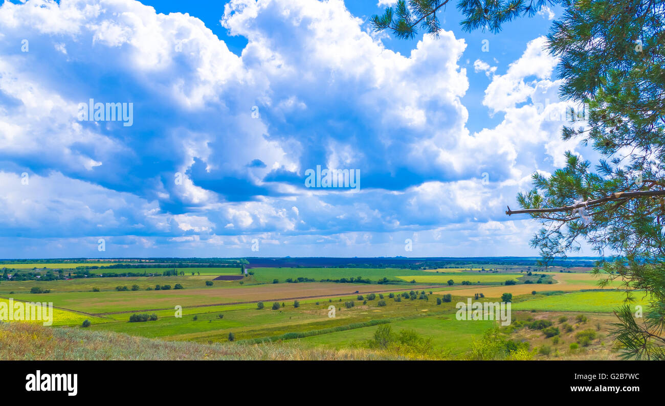 Summer landscape with green grass, village, fields and beautiful clouds ...