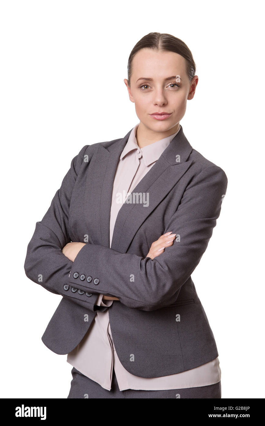 Upper body studio shot of a pretty business model standing up with her ...