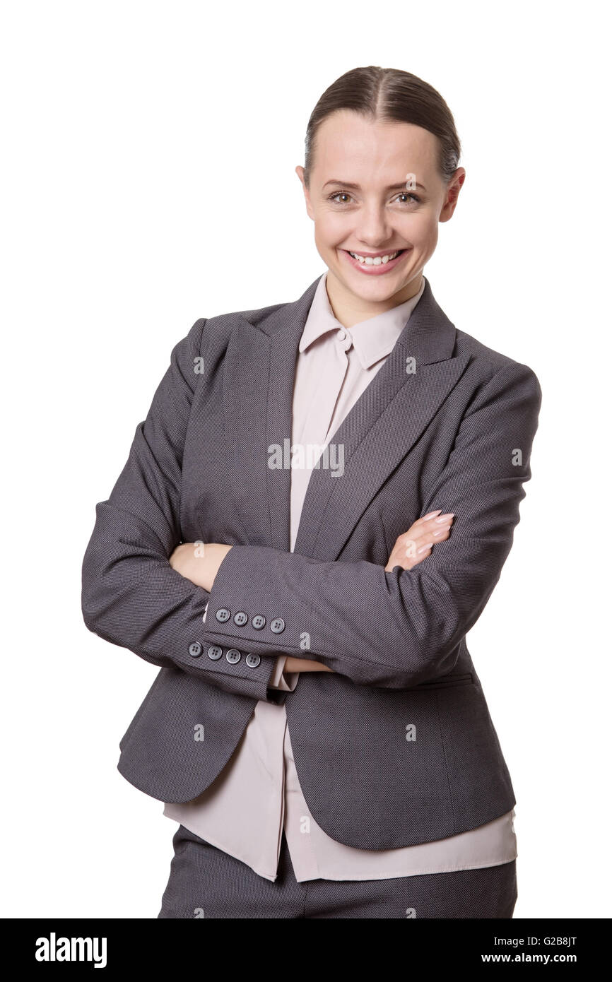 Upper body studio shot of a pretty business model standing up with her ...