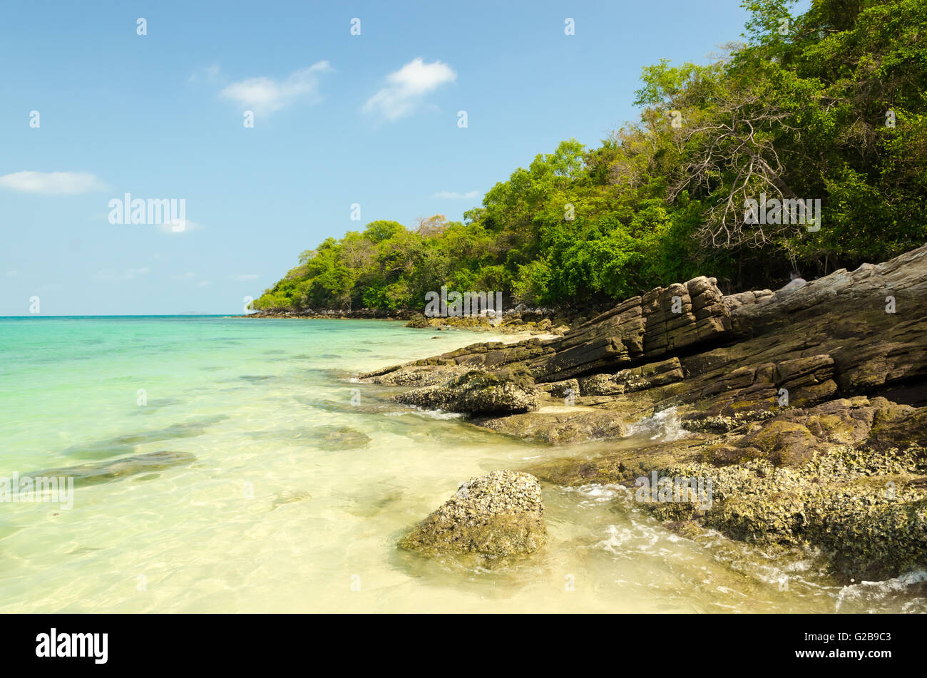 The sea island covered with green trees. Under the blue sky and clouds ...