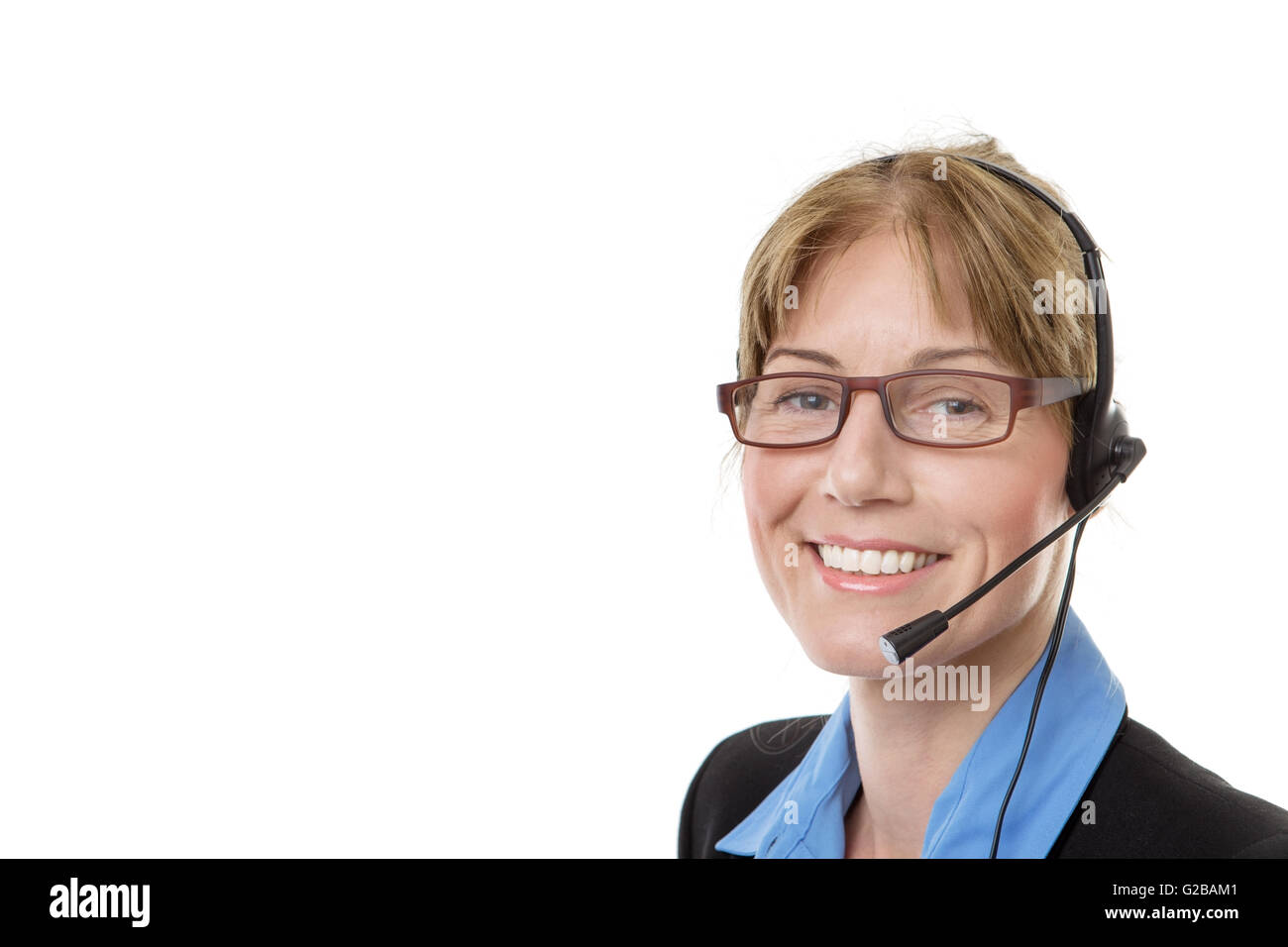 Mature business worker wearing a headset, isolated on white, with copy ...