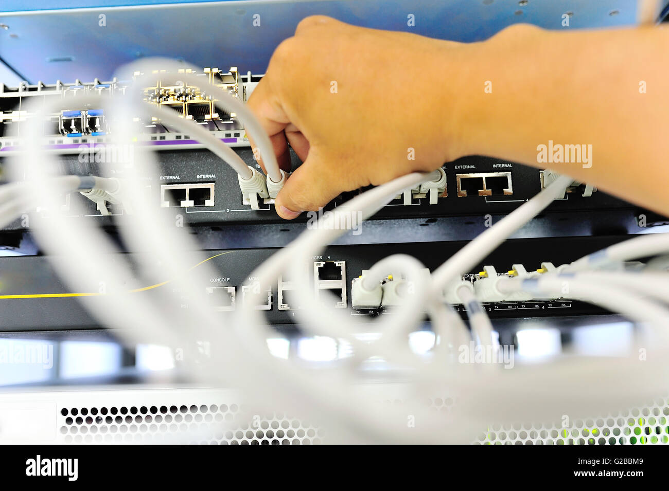 An Lan cable in network room dept of field technic Stock Photo - Alamy