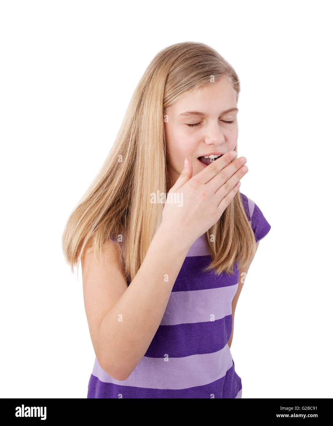 young tired girl yawning isolated on white Stock Photo - Alamy