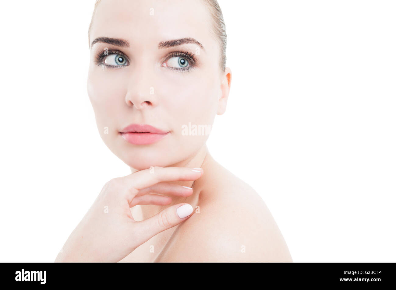 Beautiful face and hands female model isolated on white background ...