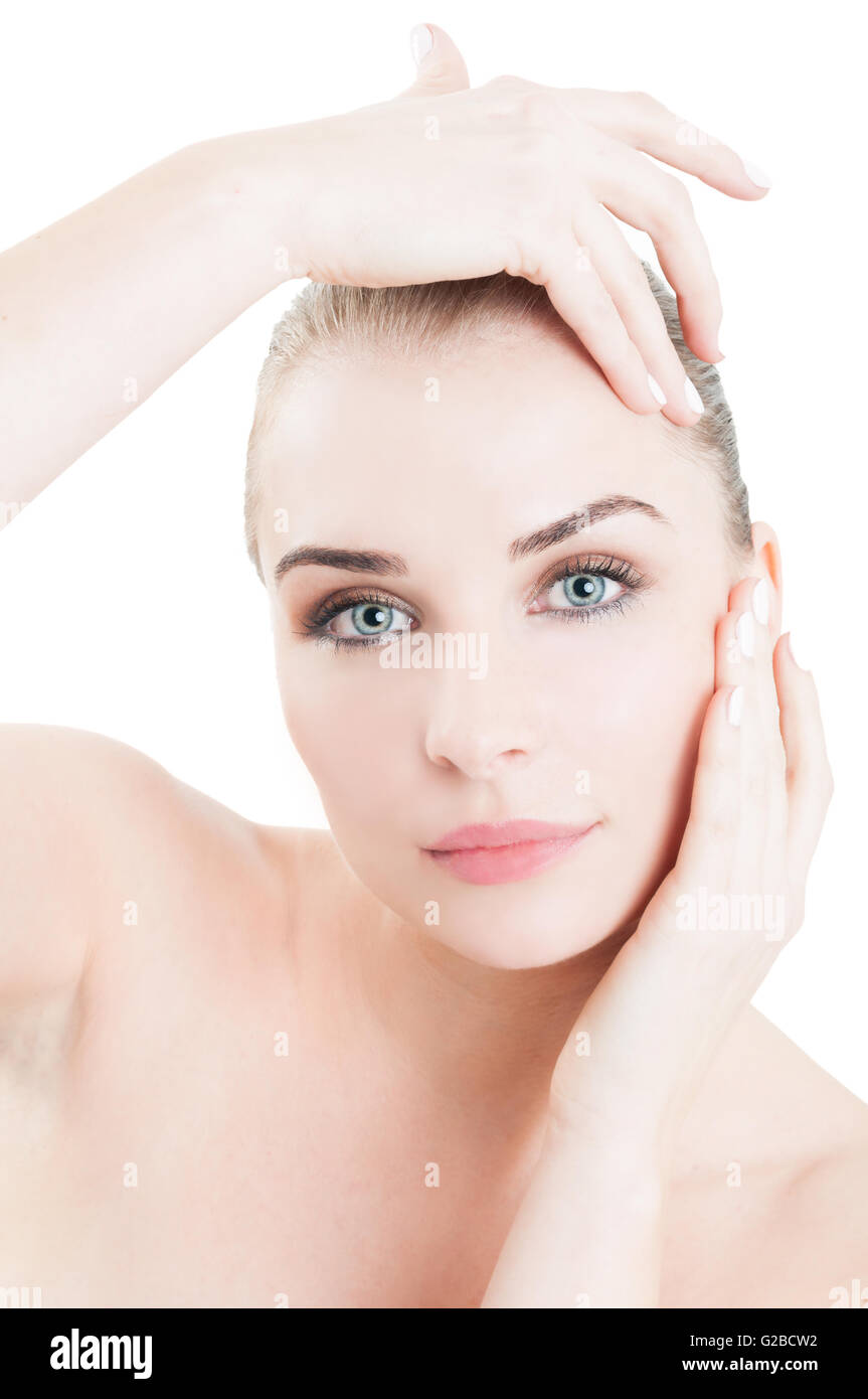 Beautiful woman with no wrinkles as skin care concept isolated on white ...