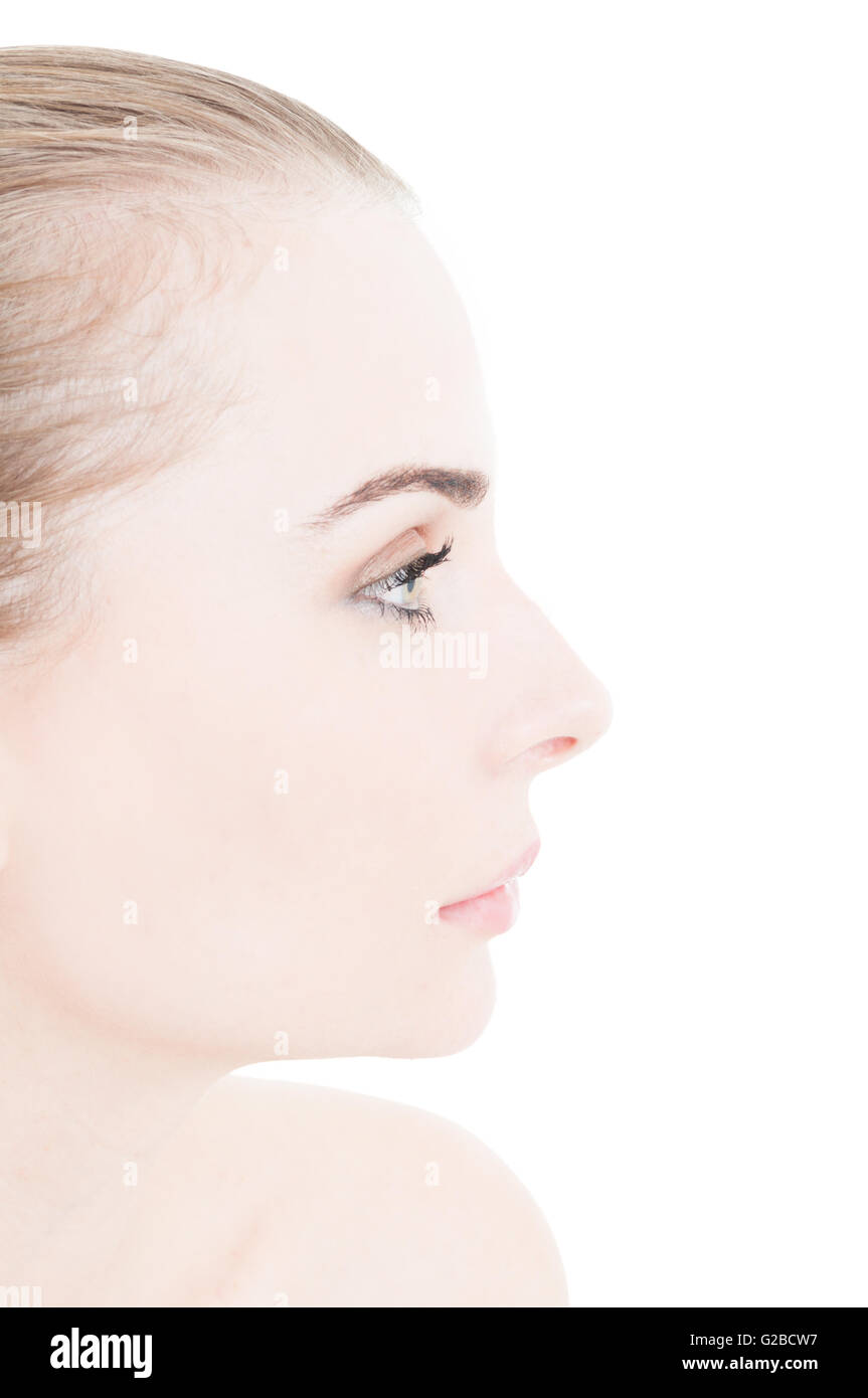 Side view of woman head on white copy space or advertising area Stock ...