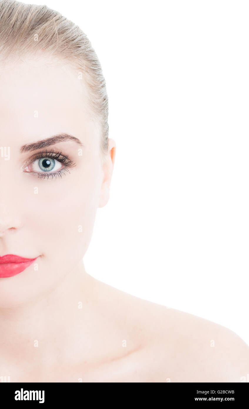 Half face of woman wearing red lipstick on white background and copy ...