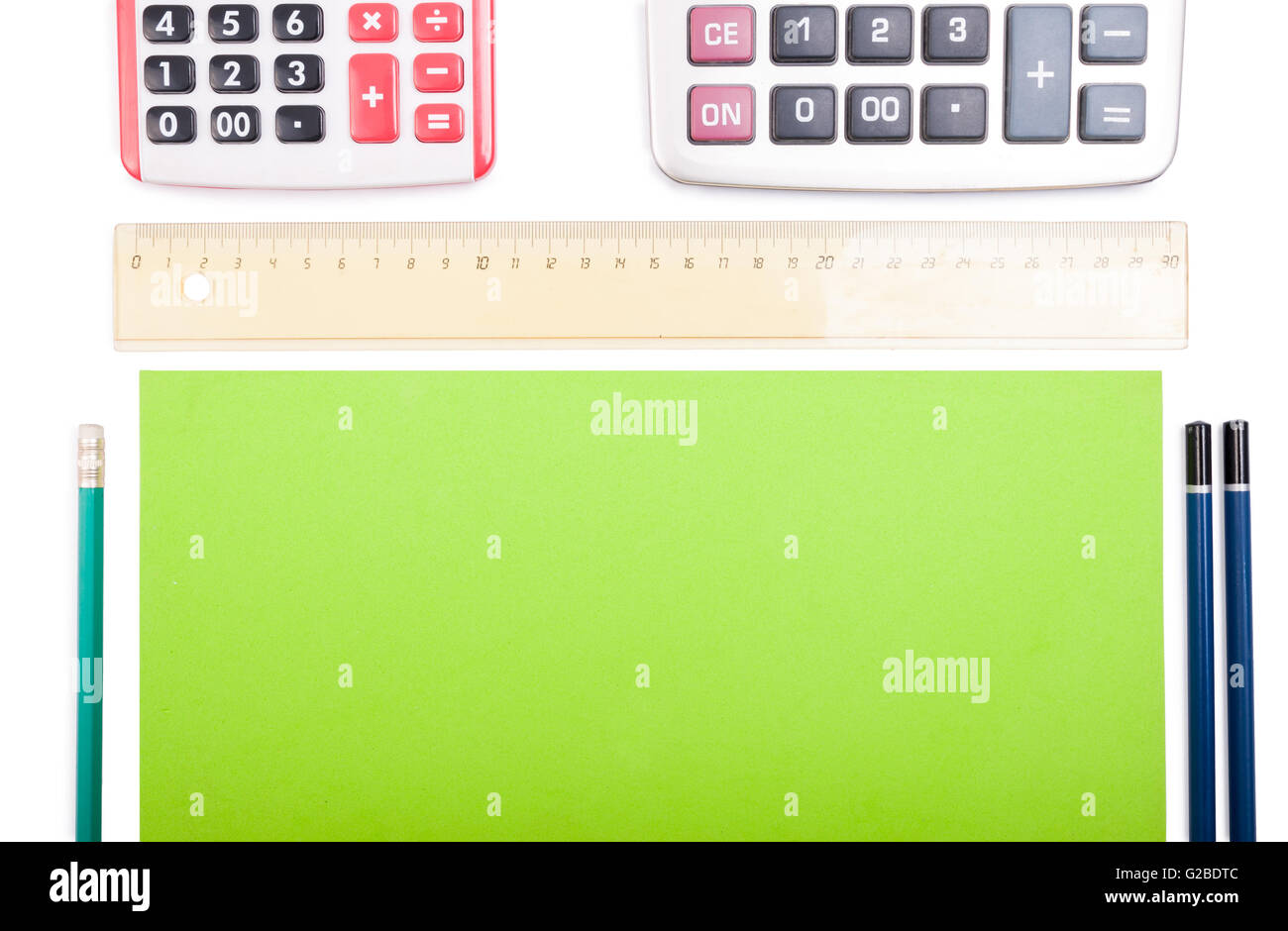 Accountant desk with green paper copy space, ruler, pencils and ...