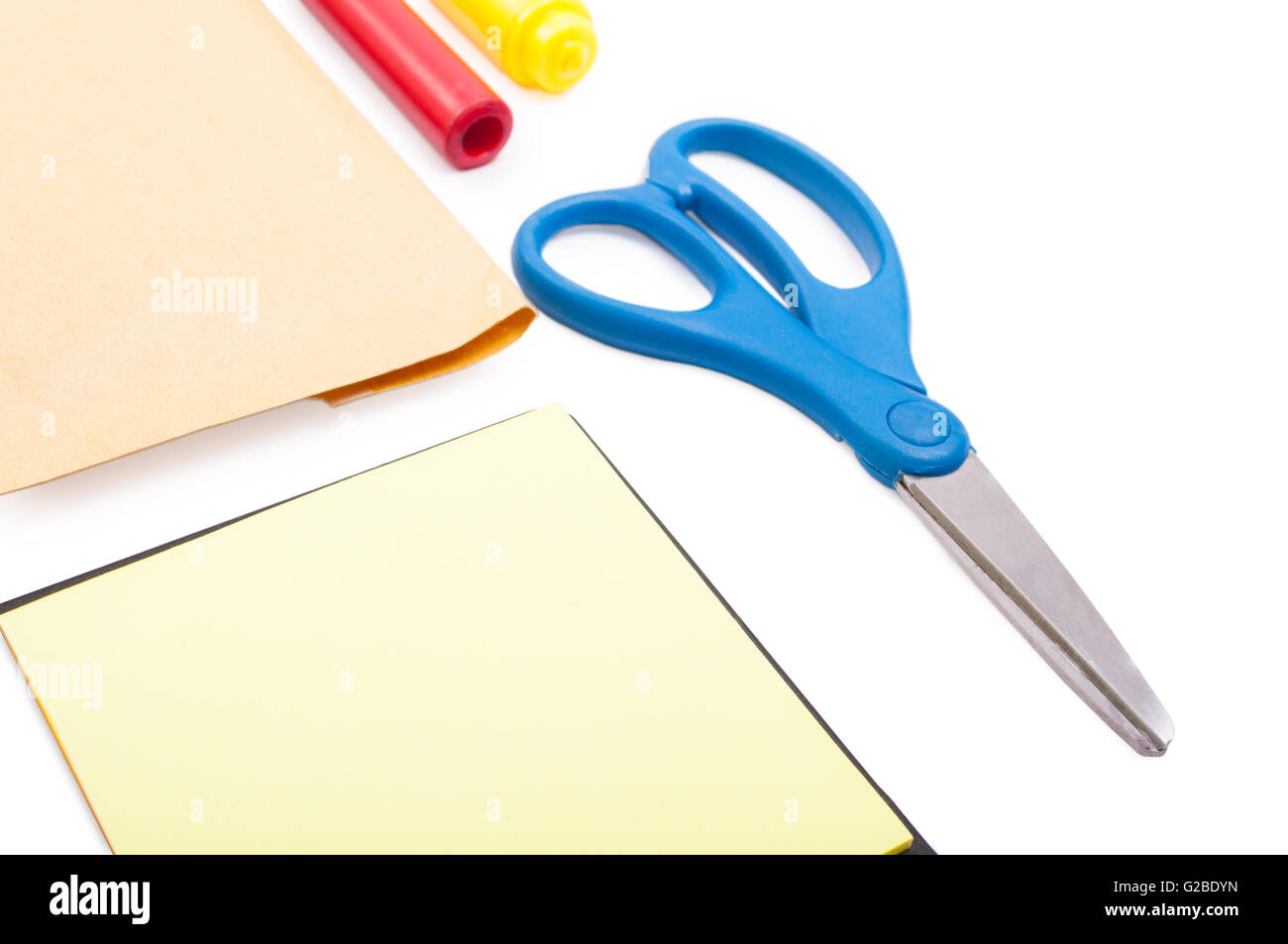 Closeup of scissors on blank desk with office tools as creativity ...