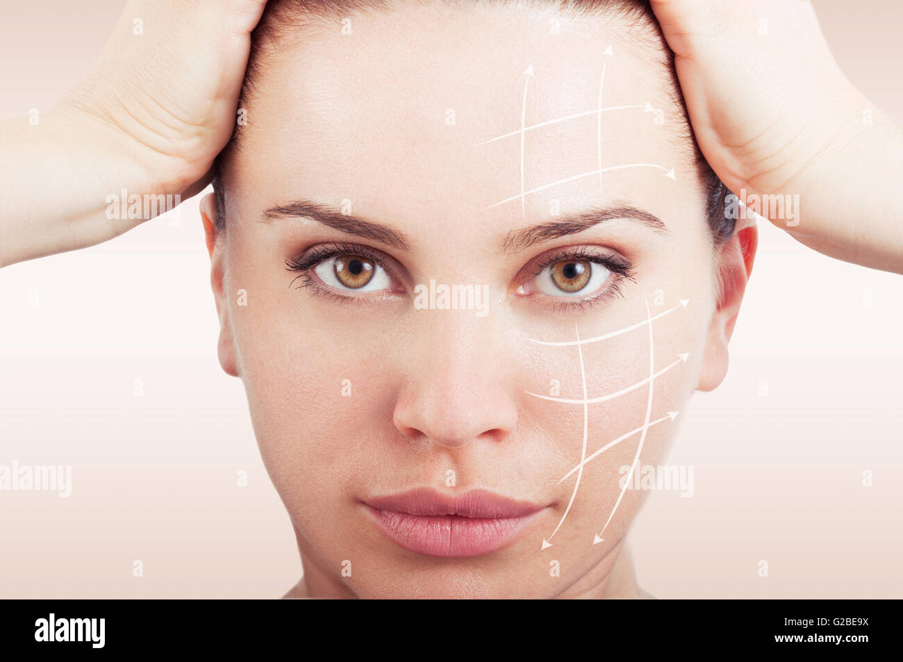 Portrait of a young and healthy woman with arrows on her face as face ...