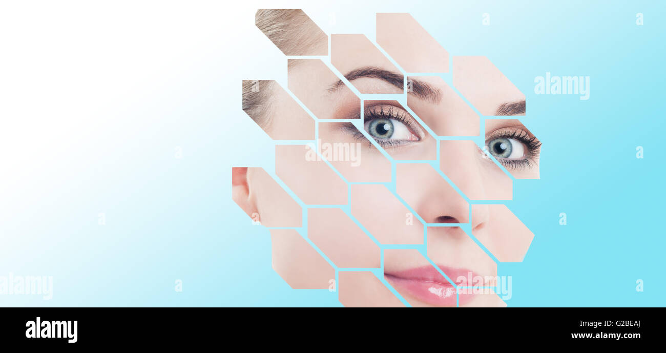 Close-up of woman face with perfect spotless skin and modern design ...