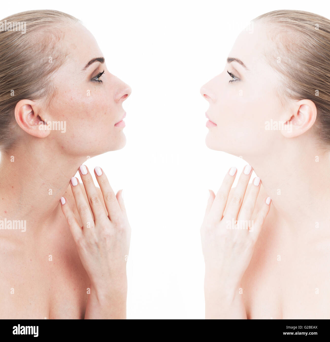 Comparison portrait of young female with and without makeup as beauty ...