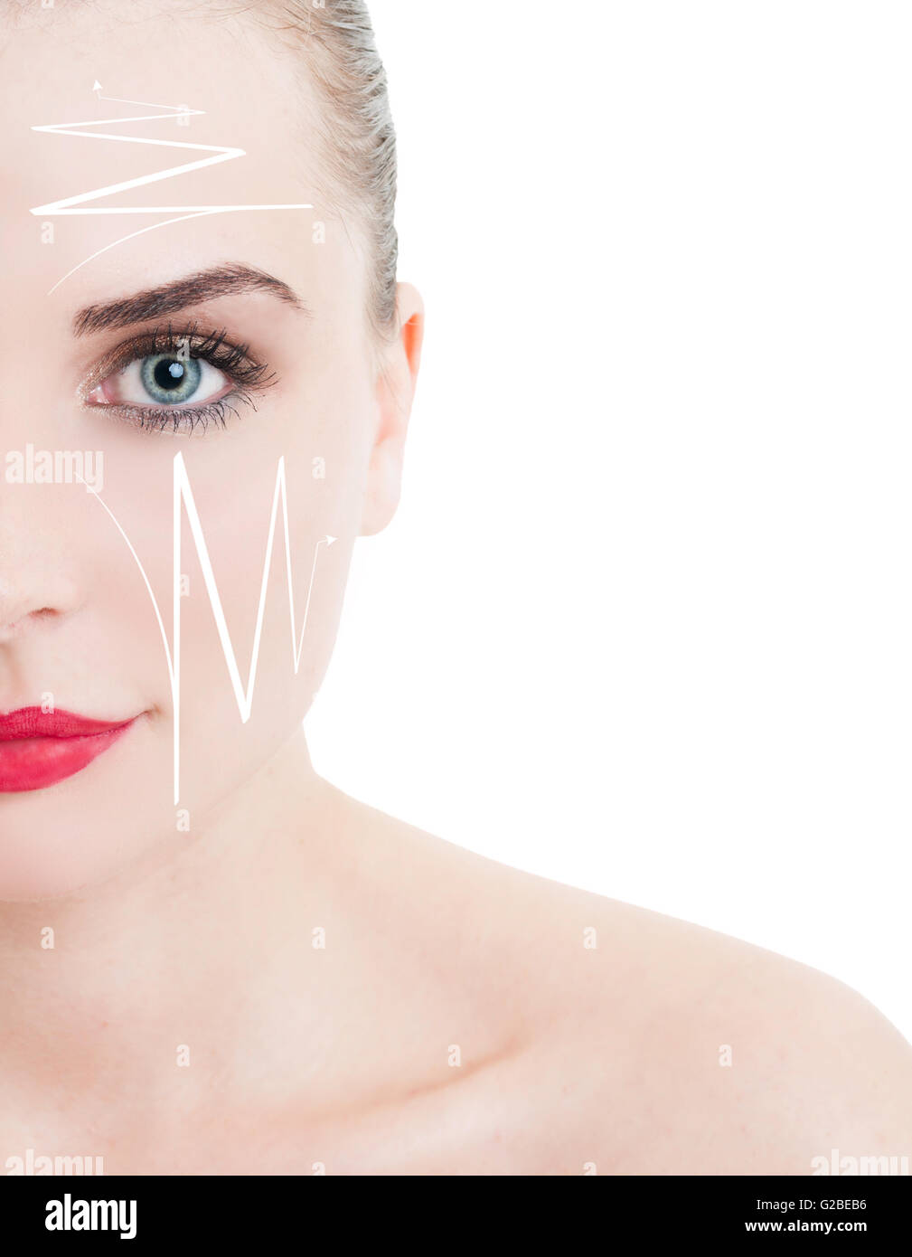 Half face portrait of beautiful woman with facelift arrows as ...