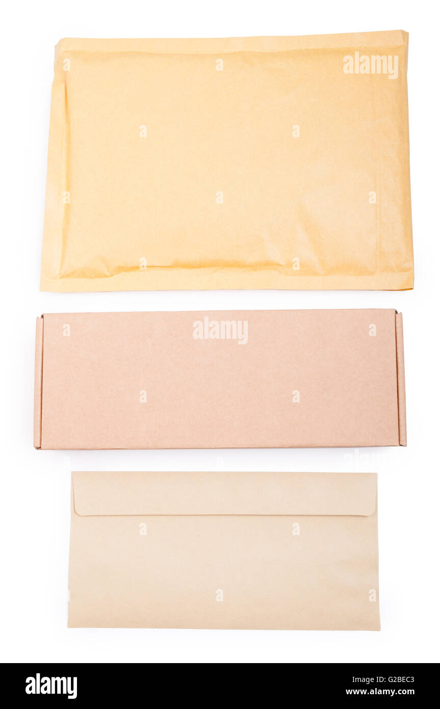 Blank package, box and envelope with copyspace on organized workplace ...