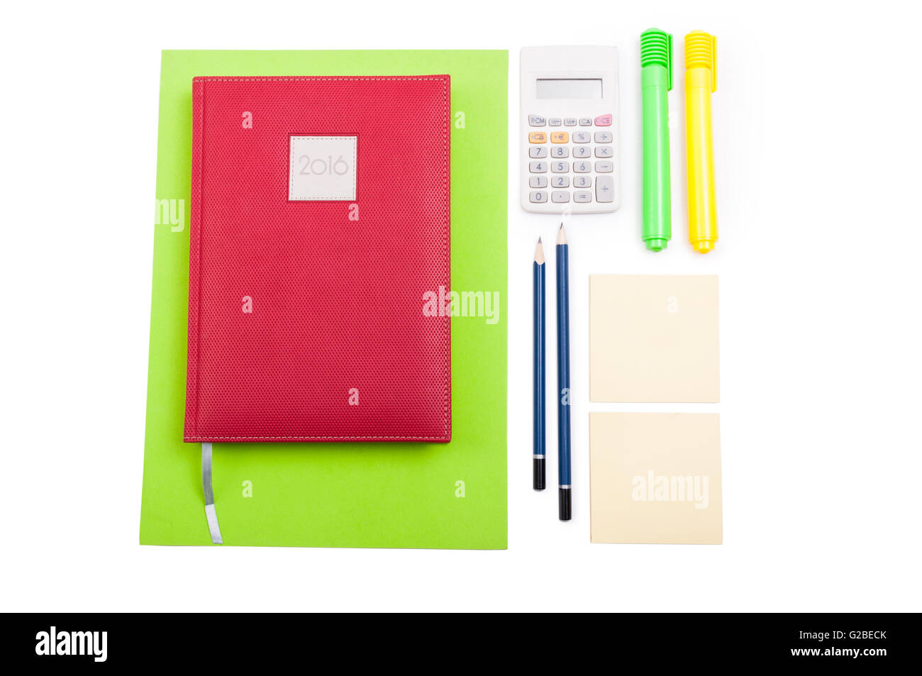 Organized blank desktop with daily journal and office objects as ...