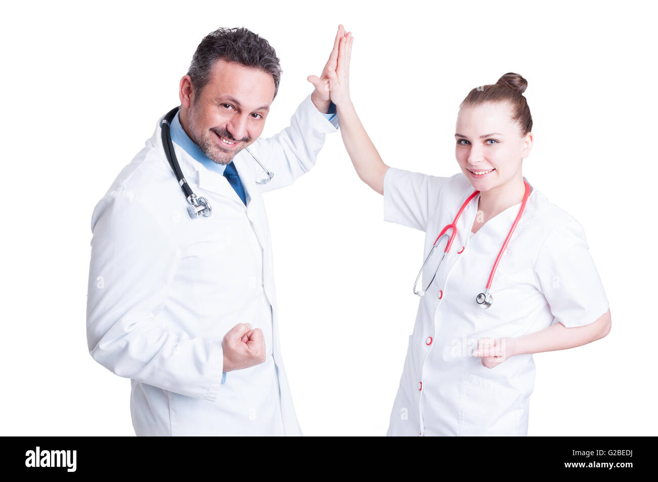 Happy team doctors give high five, smiling and celebrate success of ...