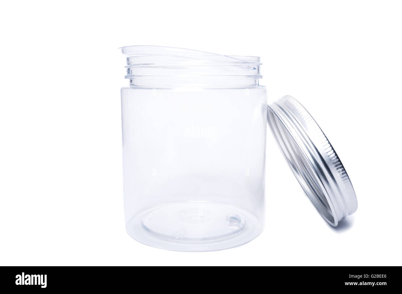 Brand new translucent plastic jar with aluminum lid isolated on white ...