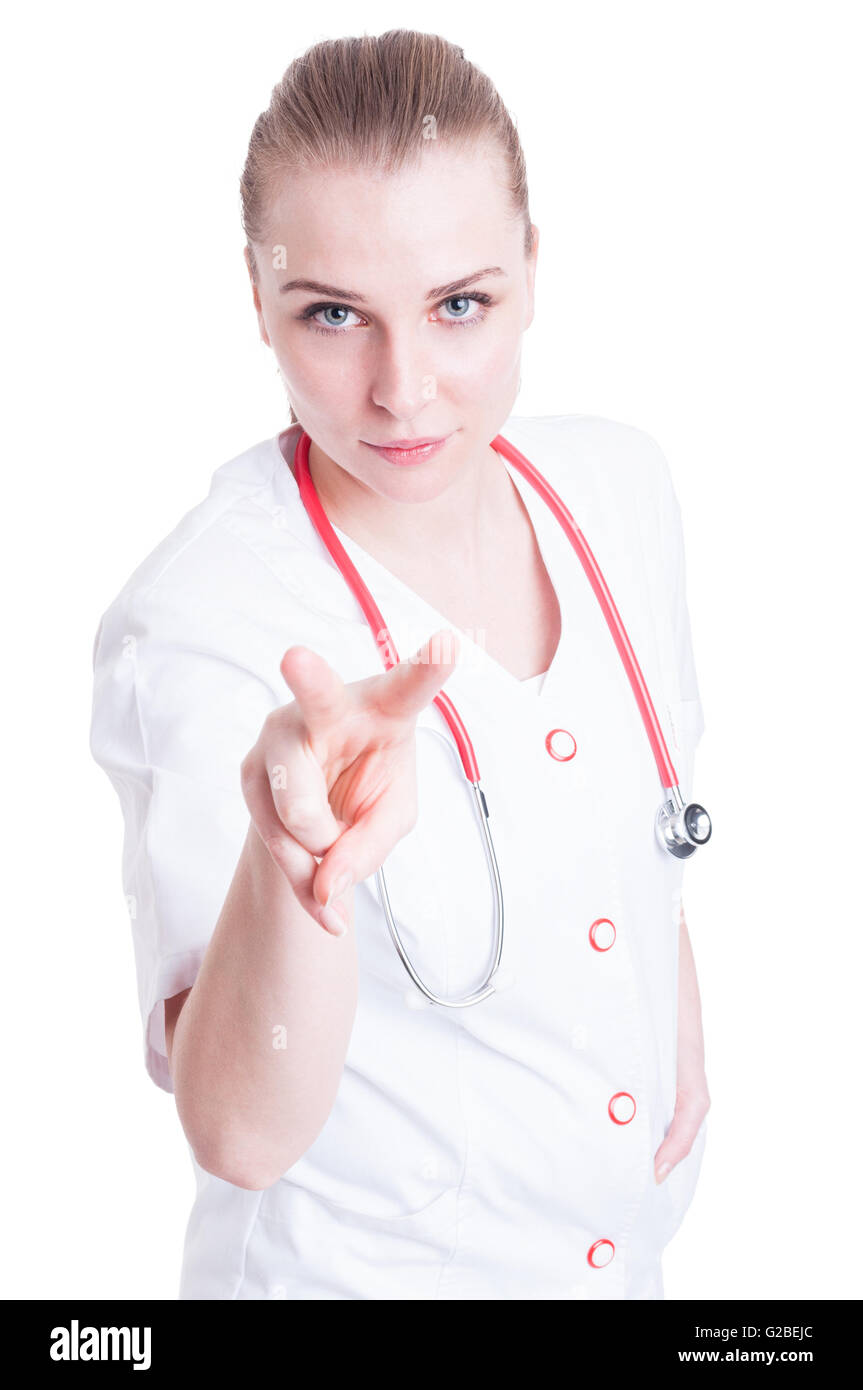 Attractive young female doctor making watching you or looking at you ...