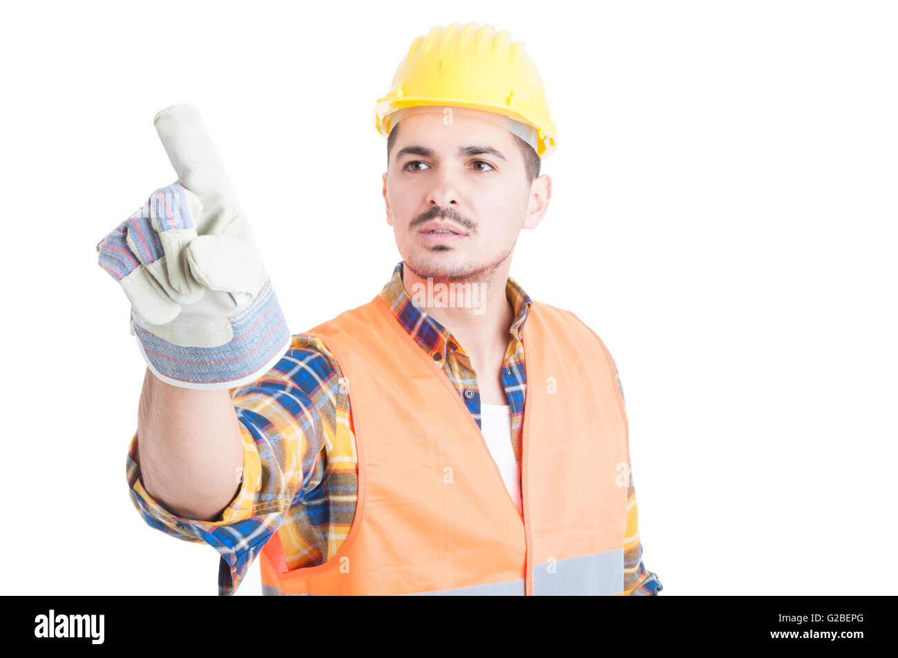 Portrait of engineer pointing finger or touching something isolated on ...