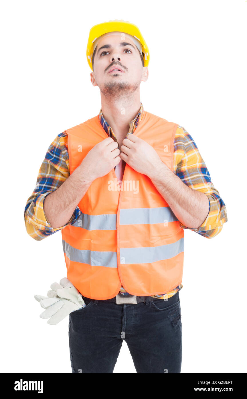 Professional young constructor wearing his protection uniform and ...