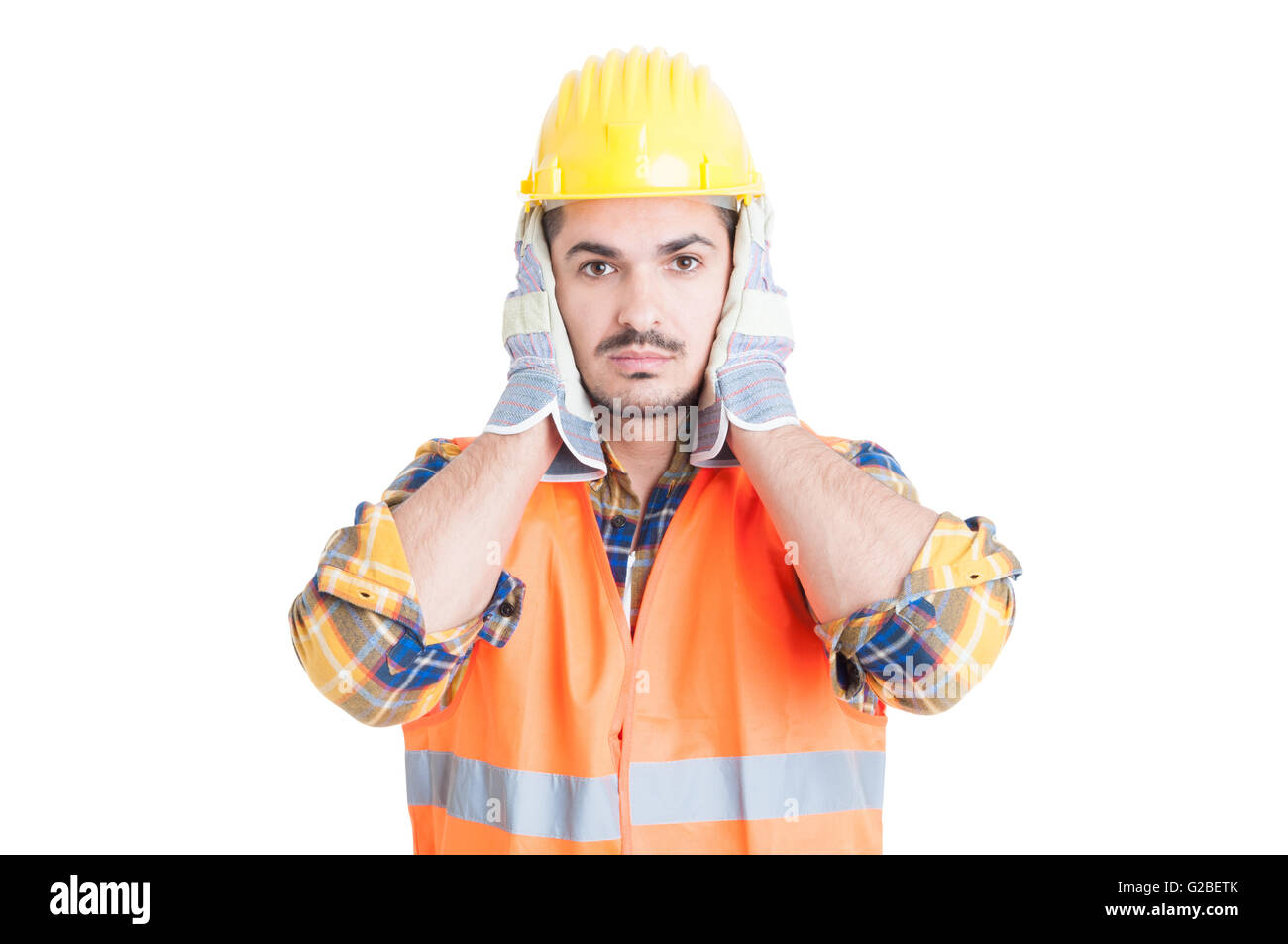 Hear no evil gesture with handsome engineer or constructor as deaf or ...