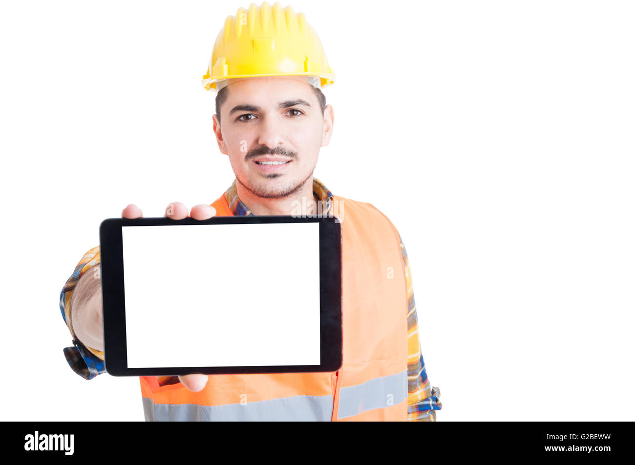 Attractive smiling engineer showing the blank screen of a modern ...