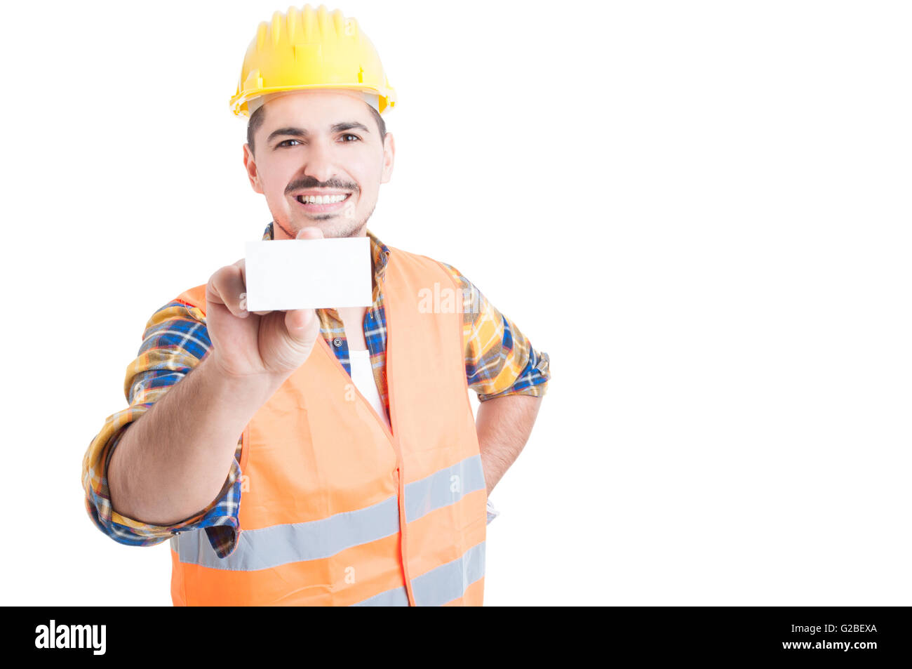 Handsome engineer showing blank business card and smiling on white ...