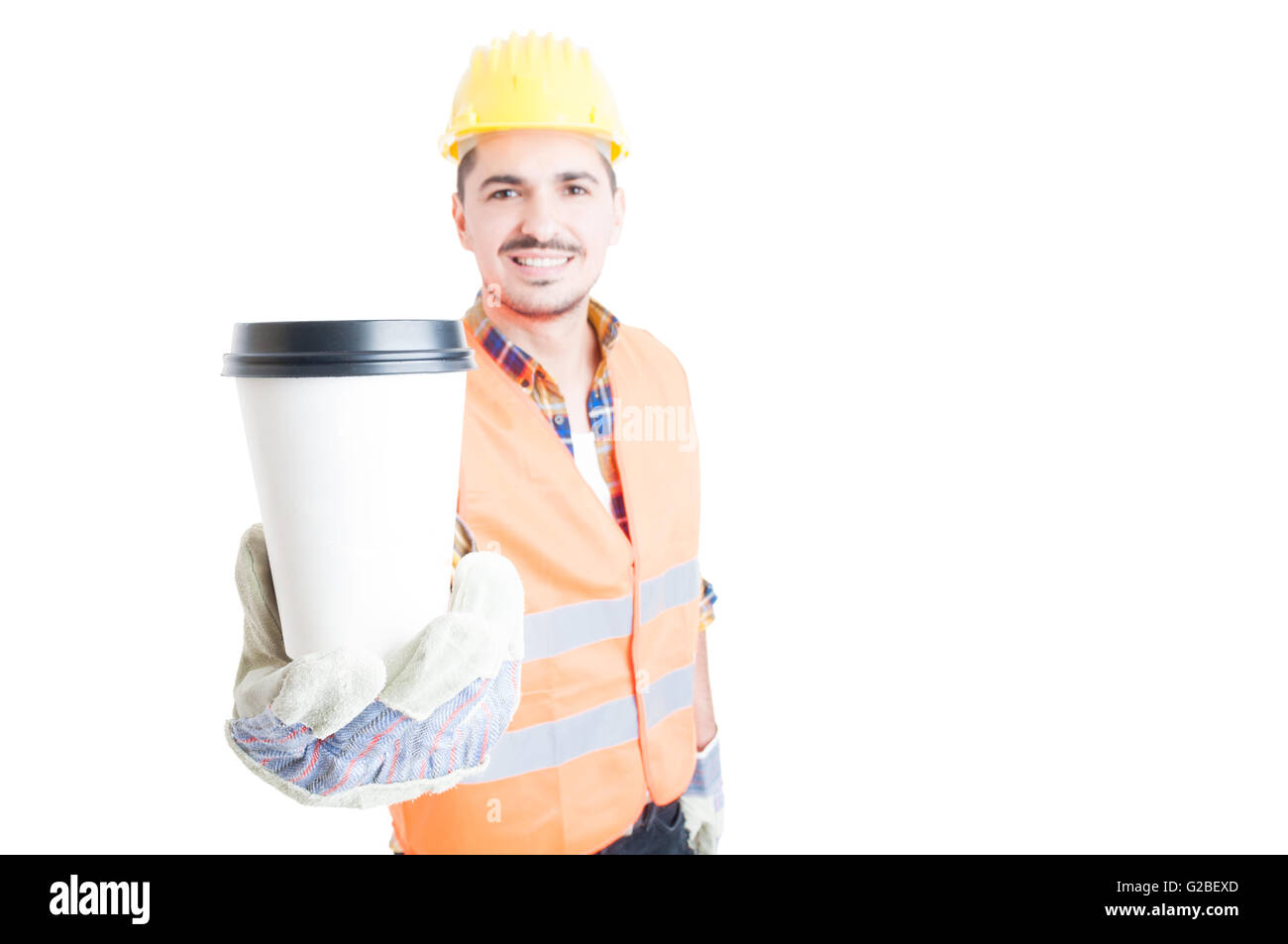 Cheerful constructor or engineer smile and handle a coffee cup isolated ...