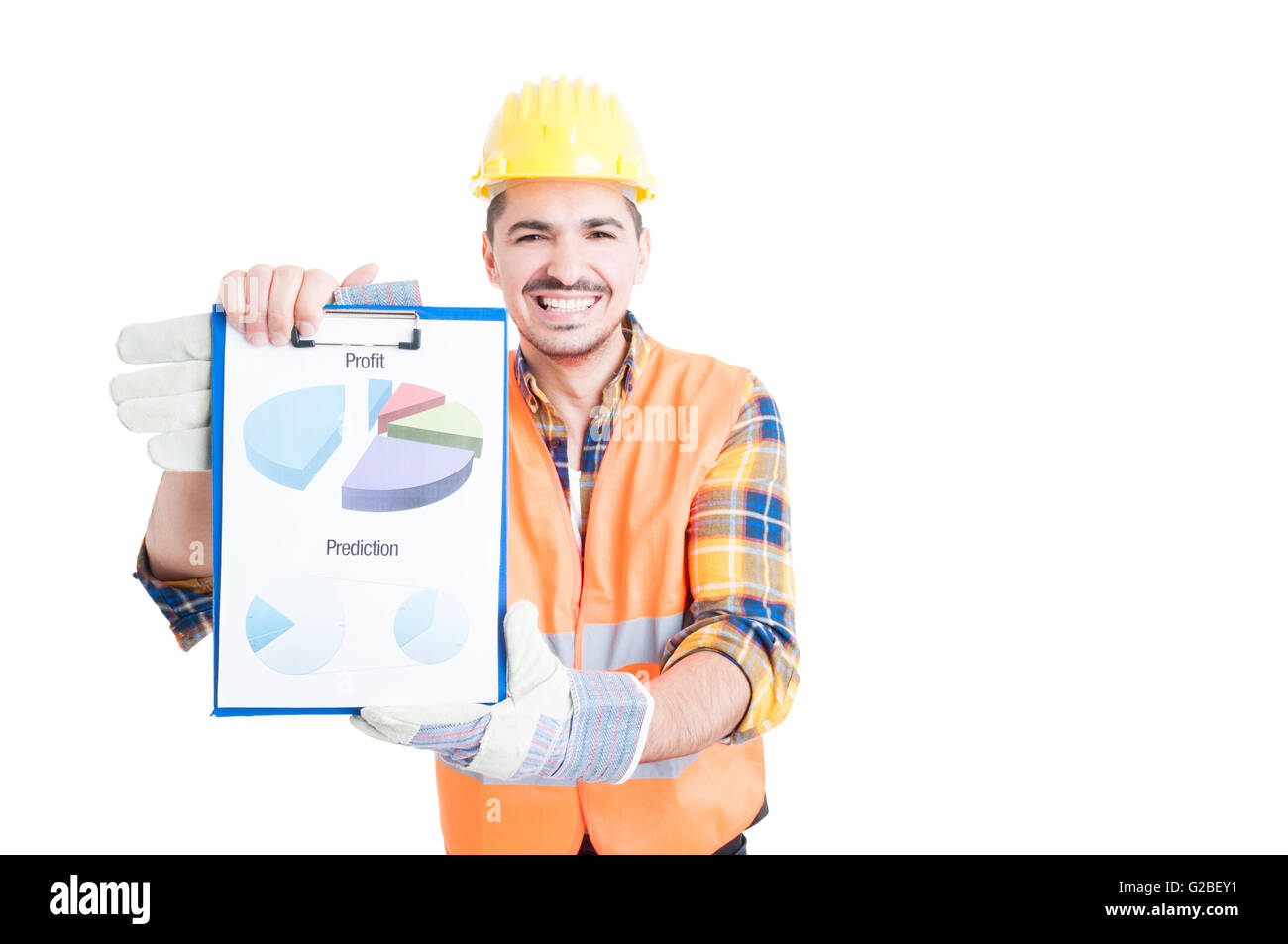 Cheerful smiling engineer with marketing financial chart in his hands ...