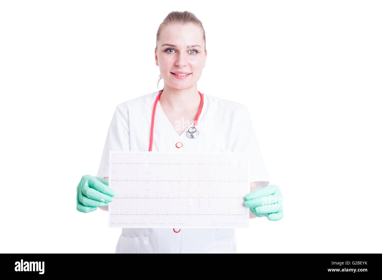 Smiling woman cardiologist in white coat with stethoscope holding ...