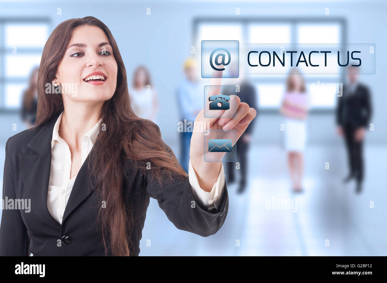 Contact us concept with business woman pressing transparent futuristic ...