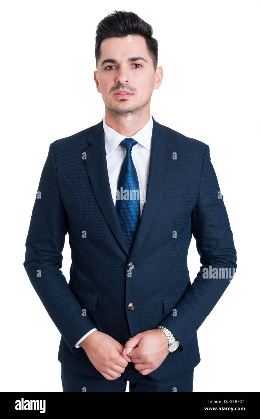 Elegant and handsome salesman standing isolated on white studio ...