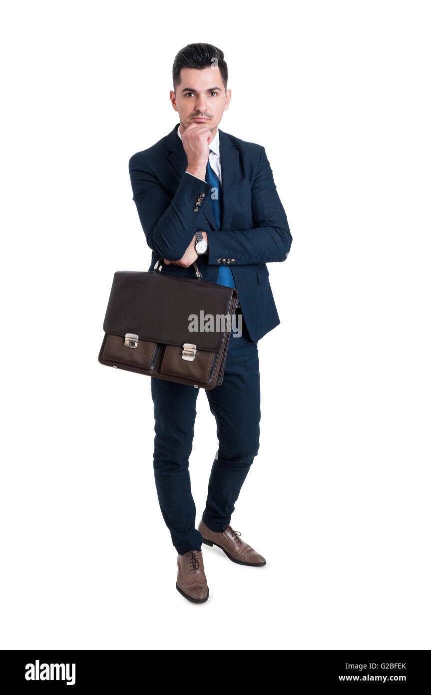 Handsome and young salesman standing isolated on white background ...