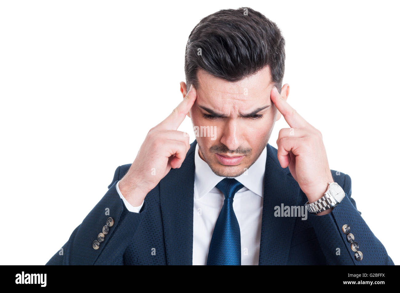 Lawyer salesman or broker having a stress headache pressing forehead ...