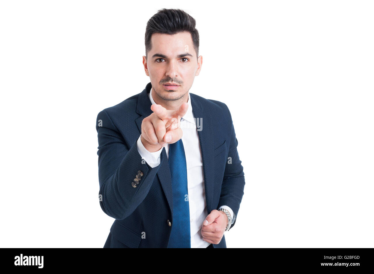 Business man making I see you gesture with fingers looking into the ...
