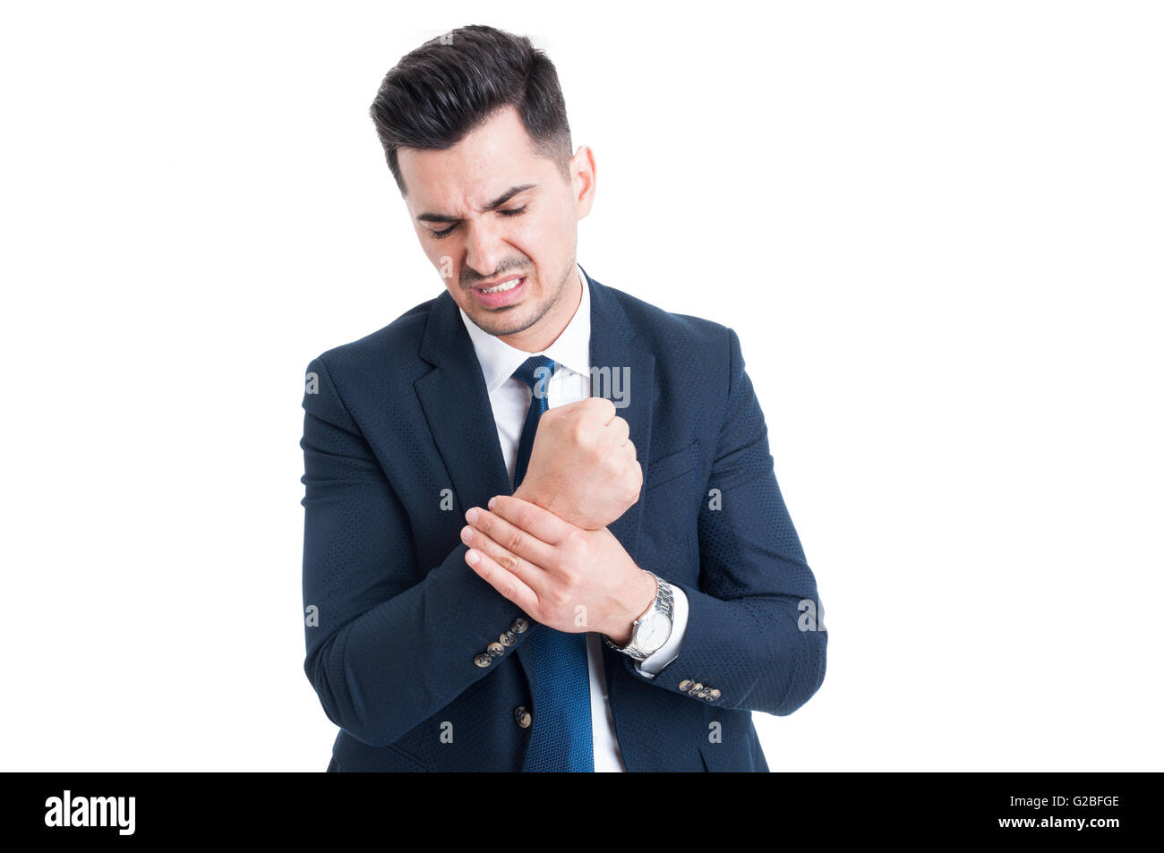 Injured businessman suffering of hand wrist pain after too much work ...