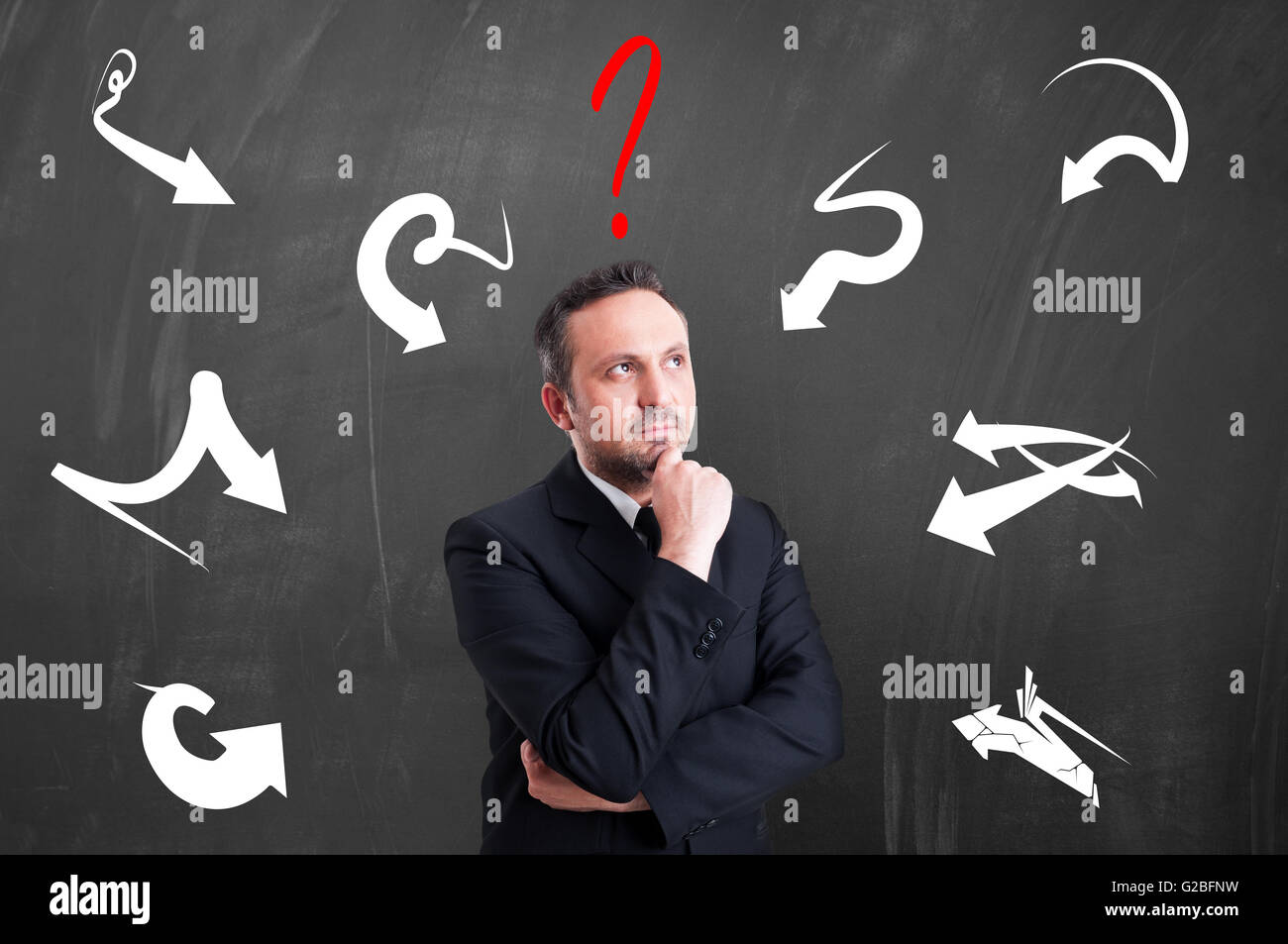 Confused or thinking businessman looking for the best solution on black ...