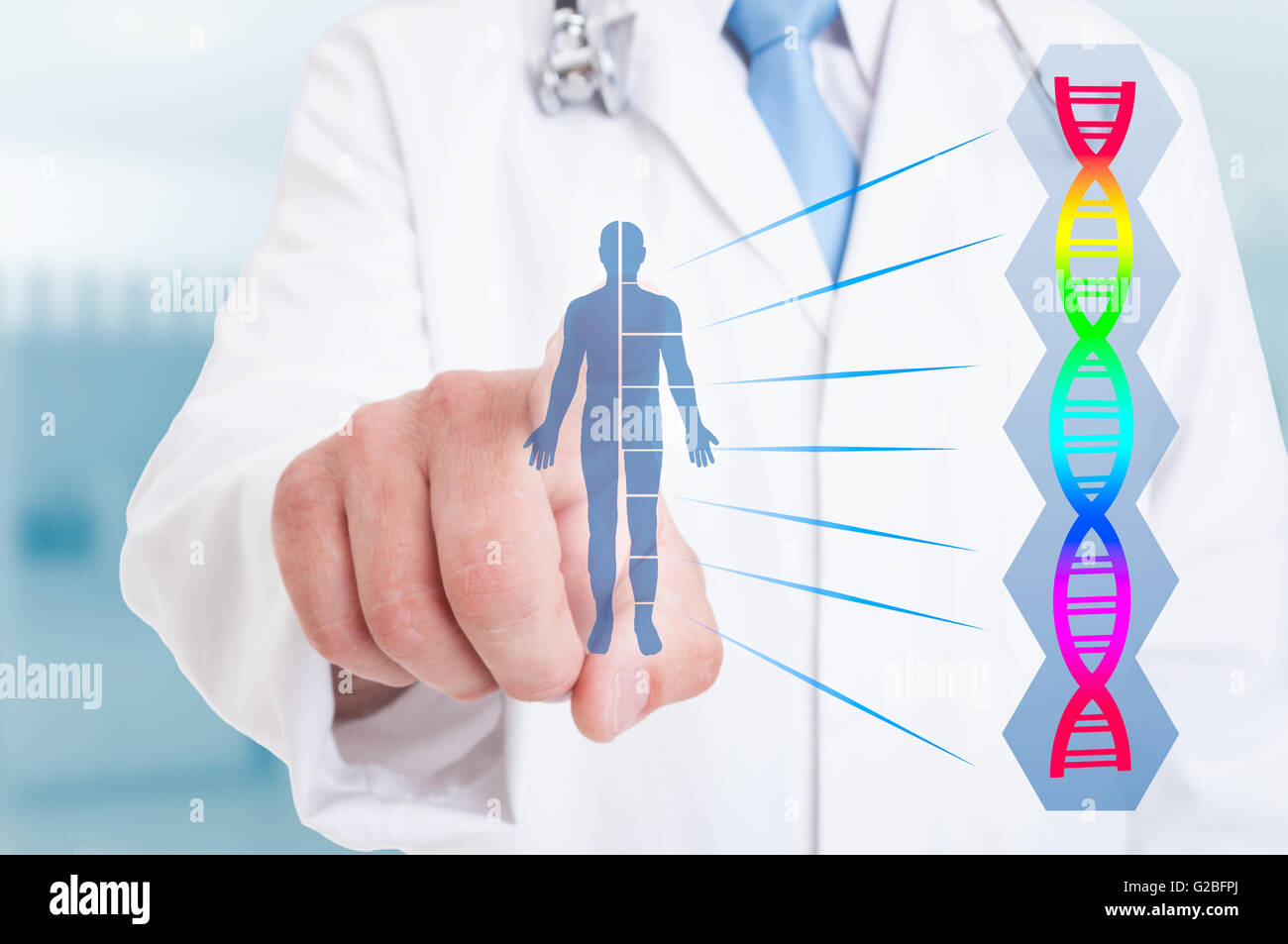 Young doctor working with drawing body and DNA icon as genetic and ...