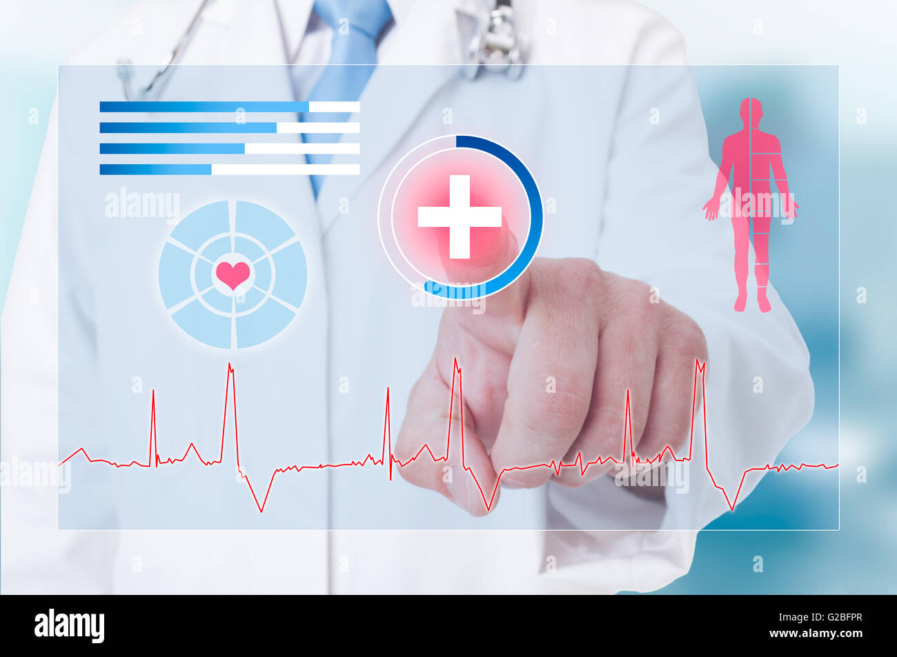 Doctor finger touching first aid sign on virtual screen as futuristic ...